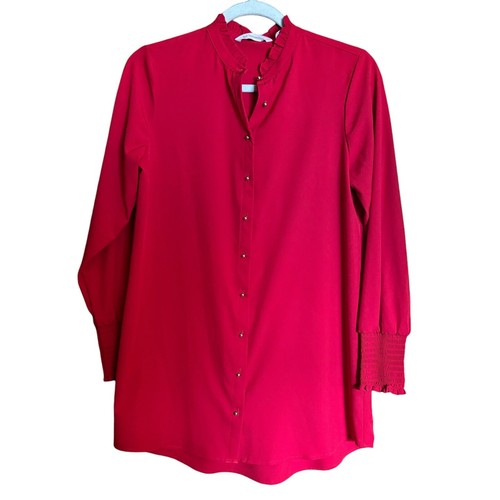 Soft Surroundings Shirt Womens XS Red Buttton Up Ruffle Neck Blouse Top ...