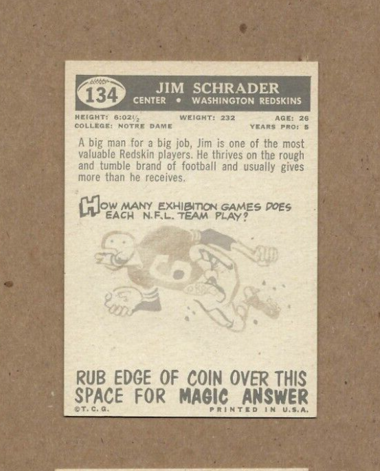 1959 Topps football card #134 Jim Schrader Washington Redskins EXMT | eBay