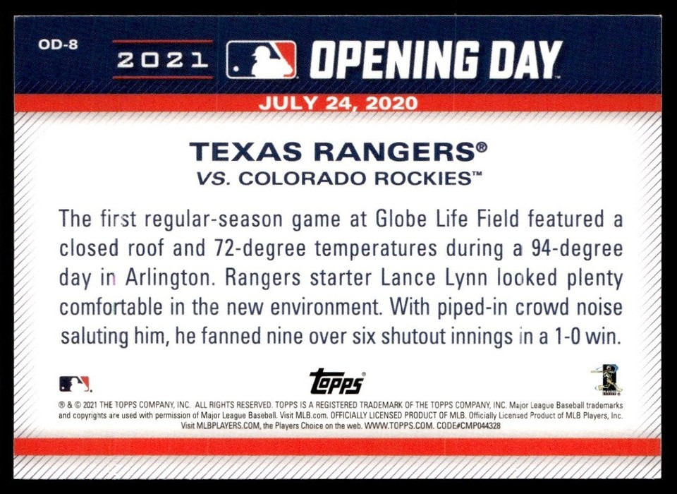 2021 Topps Opening Day Texas Rangers Texas Rangers #OD-8 | eBay