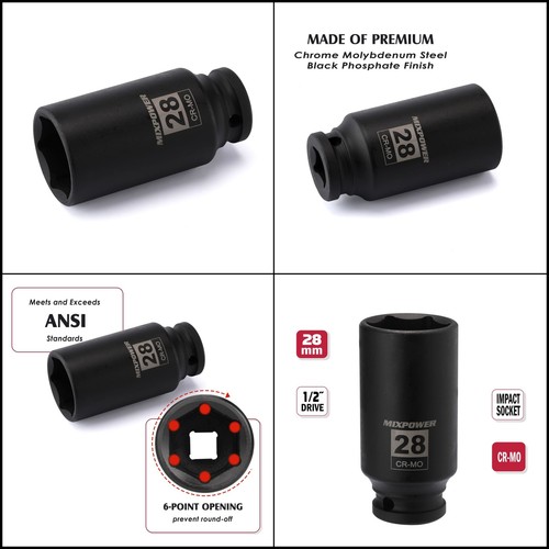 1/2inch Drive Deep Impact Socket 28mm Metric Crmo 6point Deep 1/2"dr ...