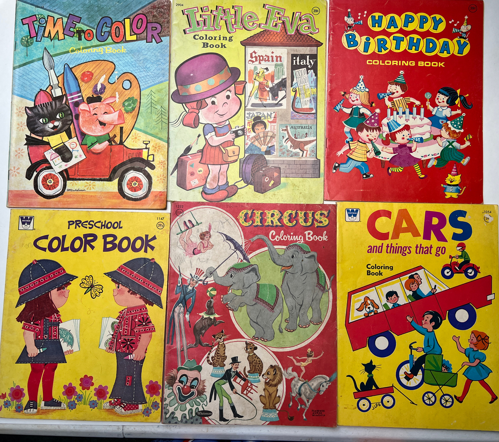 Vintage Coloring Books Lot of 6 Whitman 1970 Eva Circus Cars Birthday ...
