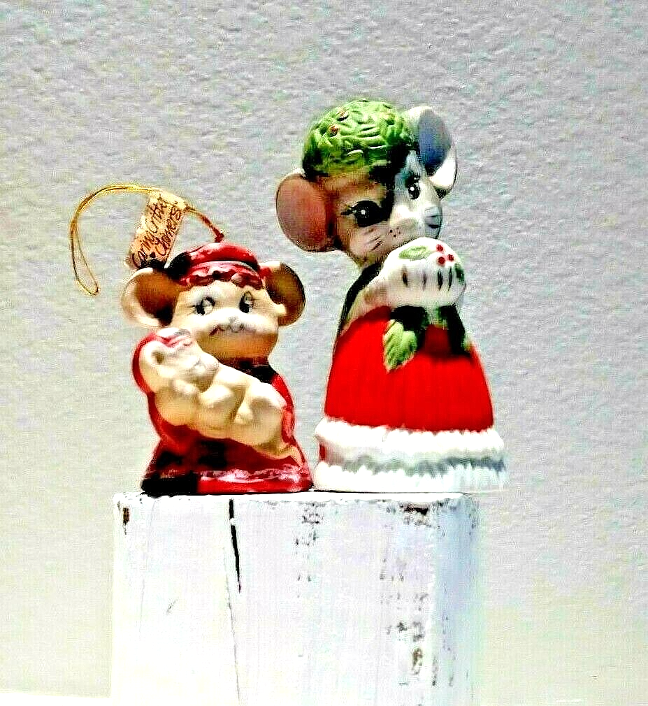 Vintage Christmas Mice Mouse lot of two bells ornament figurine retro ...
