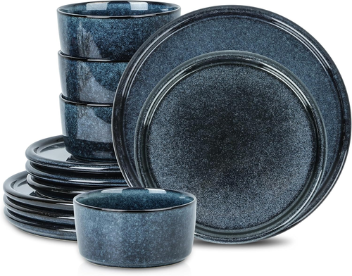 Eden 12-Piece Dark Blue Dinnerware Set for 4, Stoneware, Microwave ...
