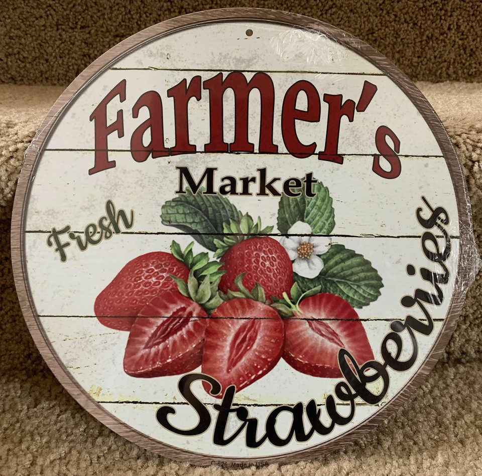 Farmers Market Fresh Strawberries 12" Round Metal Sign Rustic Kitchen ...