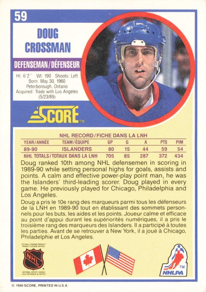 Doug Crossman 1990-91 Score American #59 New York Islanders Hockey | eBay