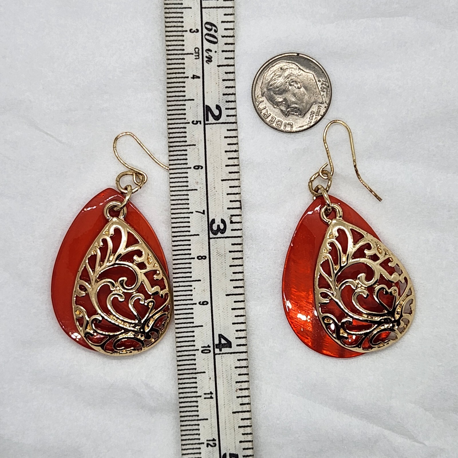 2" Long Red-Orange Dyed MOP Mother Of Pearl Gold Tone Dangle Earrings ...