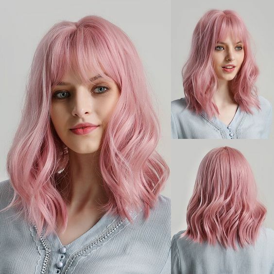 Short Wavy Pink Wig with Bangs Women Short Pink Bob Curly Wig with ...