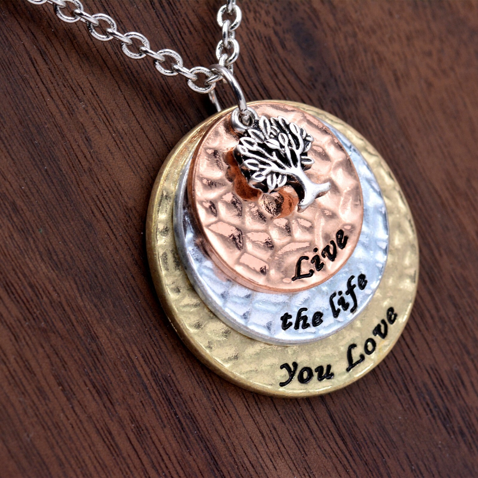 Live the Life You Love Disks Pendant Necklace with Hammered Effect ...