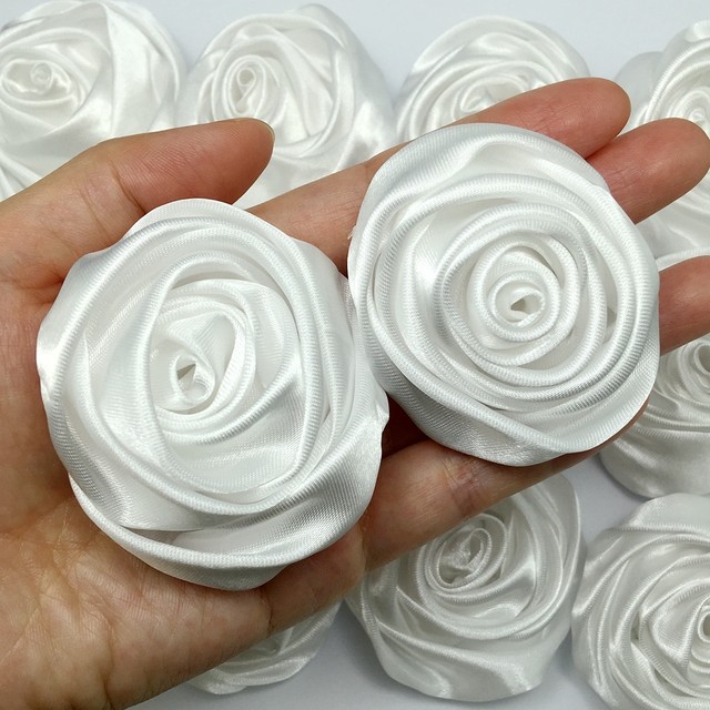 24pc White 50mm Satin Ribbon Rose Flowers DIY Wedding Bridal Bouquet 2 ...