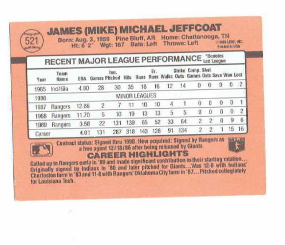 Mike Jeffcoat Rangers Pitcher #521 Donruss 1990 Baseball Card | eBay