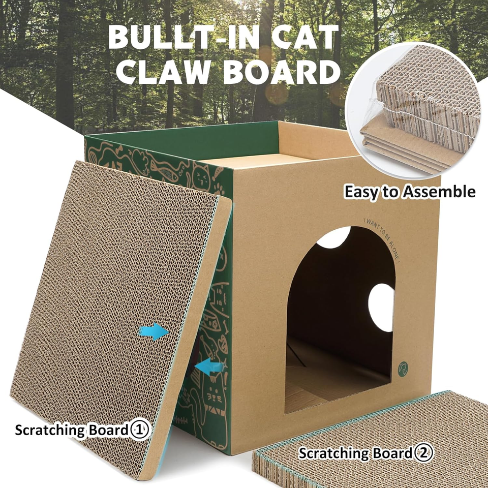 Cardboard Cat House with 2 Story Scratch Pads Cat Play House for Indoor ...