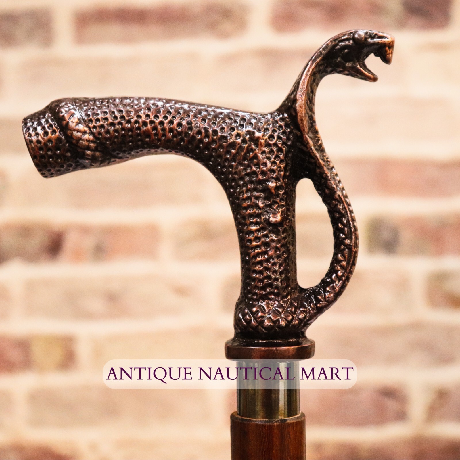 Metal Cobra Snake Head Handle Wood Walking stick cane… - Gem