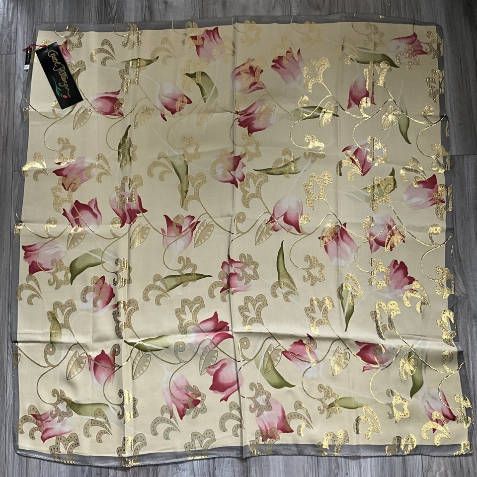 Carol Patterson Silk Square Scarf 34x34 Pink Rose Floral Gold Metallic ...