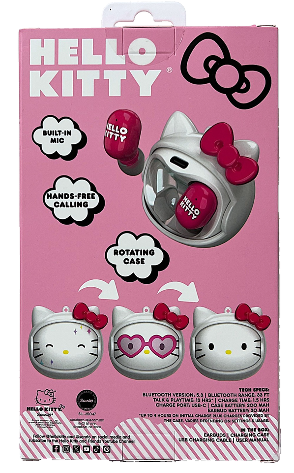 Sanrio Hello Kitty Bluetooth Wireless Earbuds w/ Rotating Face Charging ...
