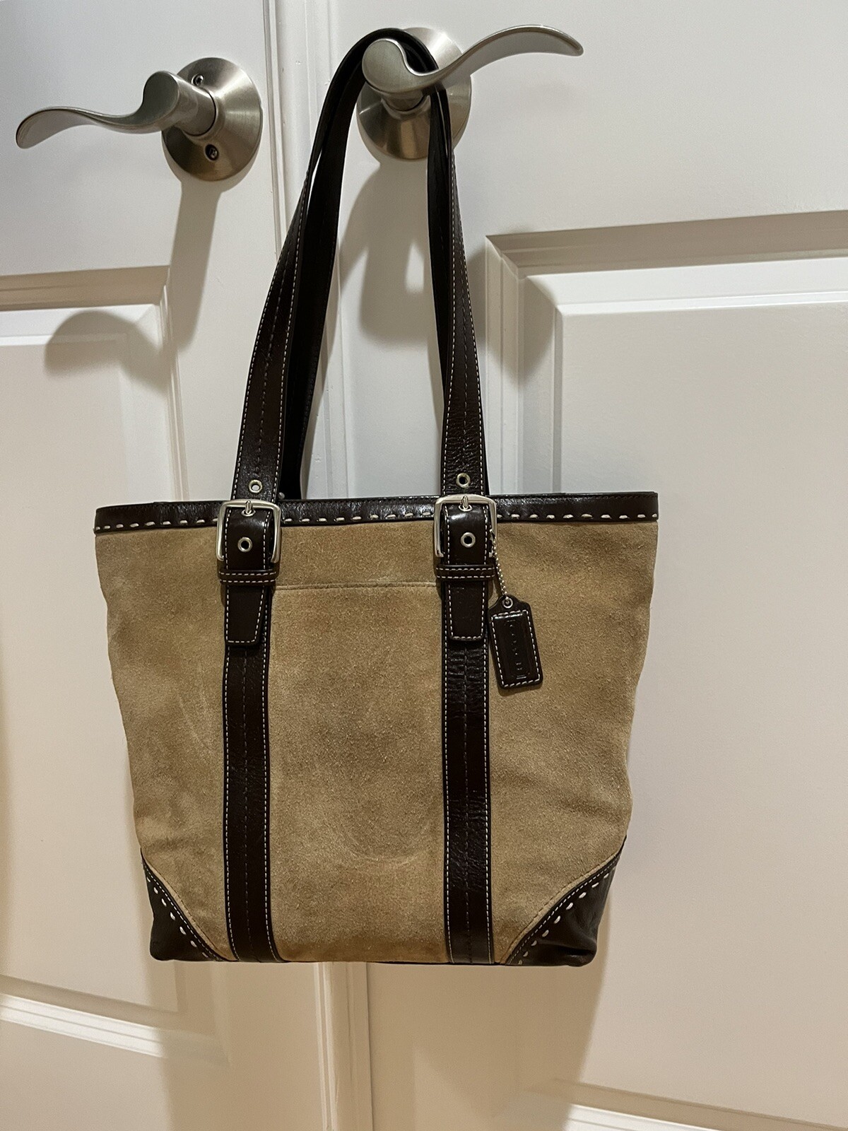 COACH CLASSIC TAN SUEDE TOTE WITH DARK BROWN LEATHER … - Gem