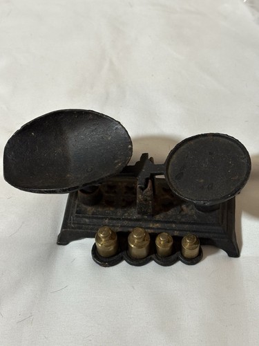 Vintage Cast Iron Miniature Balance Scale With 4 Solid Brass Weights ...