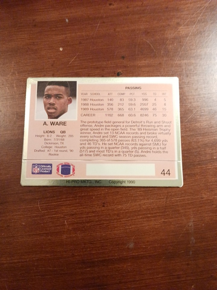 1990 Action Packed Andre Ware #44 RC Rookie NFL Football Card Detroit ...