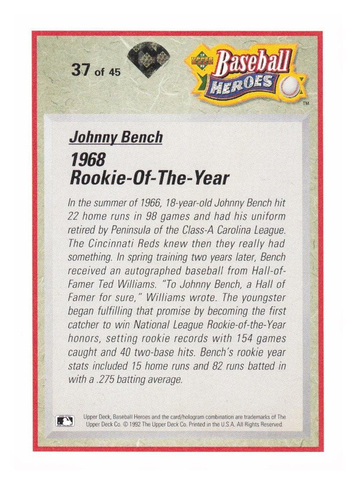 1992 Upper Deck #37 Johnny Bench Baseball Heroes | eBay