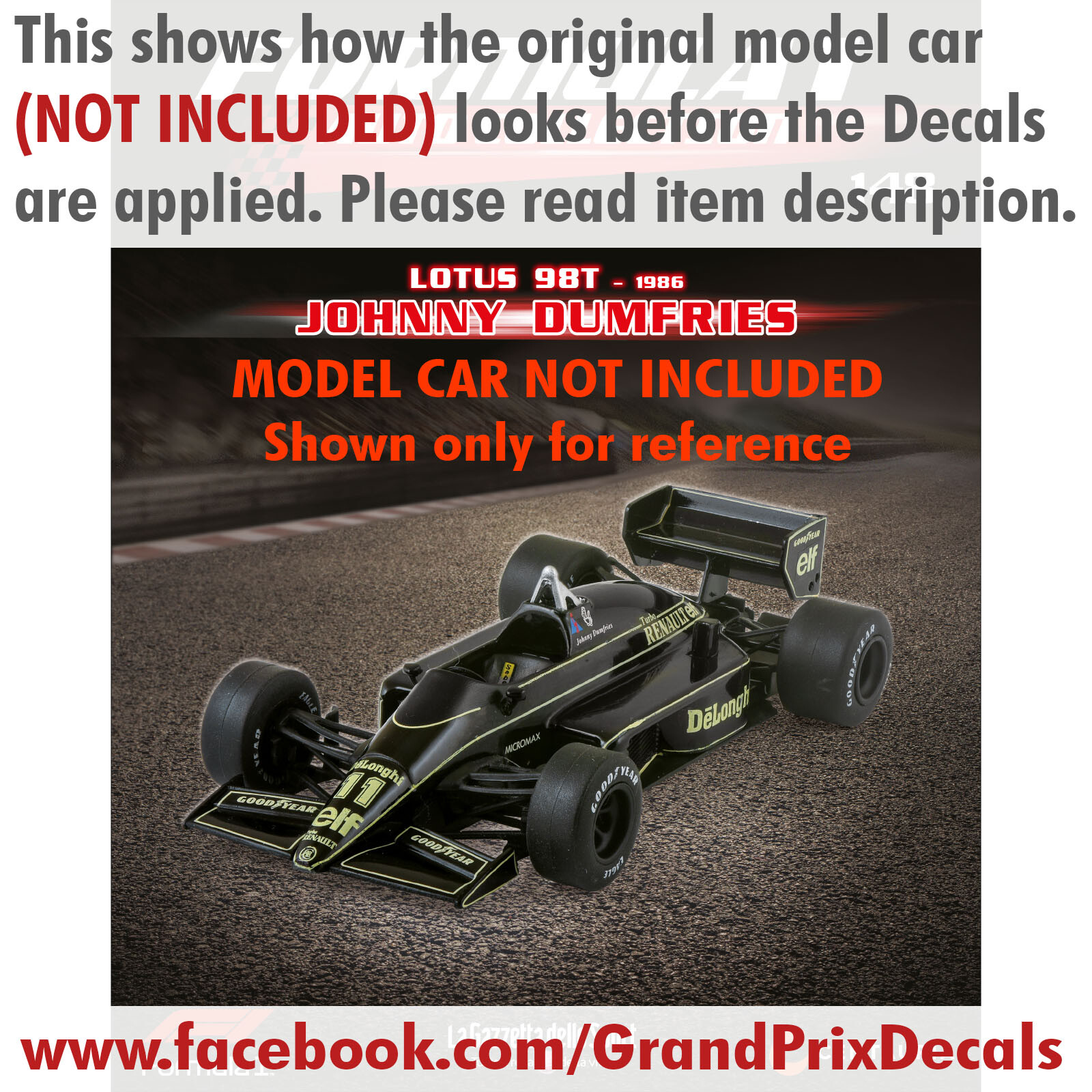 LOTUS 98T 1986 water slide DECALS - JPS / Senna / Laurels 1:43 F1 Car ...