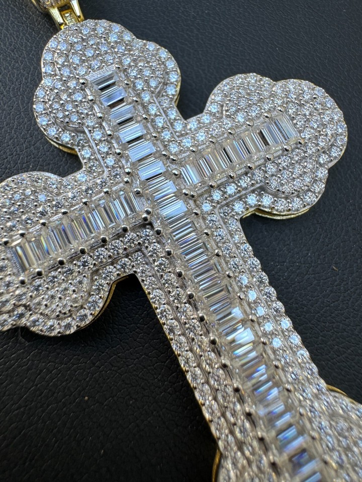 Moissanite Iced Gothic Baguette Cross Pendant 14k Gold Over 925 Silver ...
