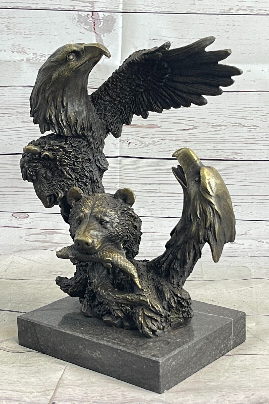 Symbolic Wildlife Harmony: Bronze Sculpture of Bear, Eagle Buffalo by ...