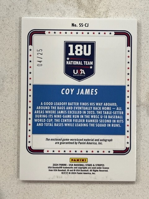 COY JAMES 2024 Panini USA Baseball Stars & Stripes PATCH Auto # 4/25 ...