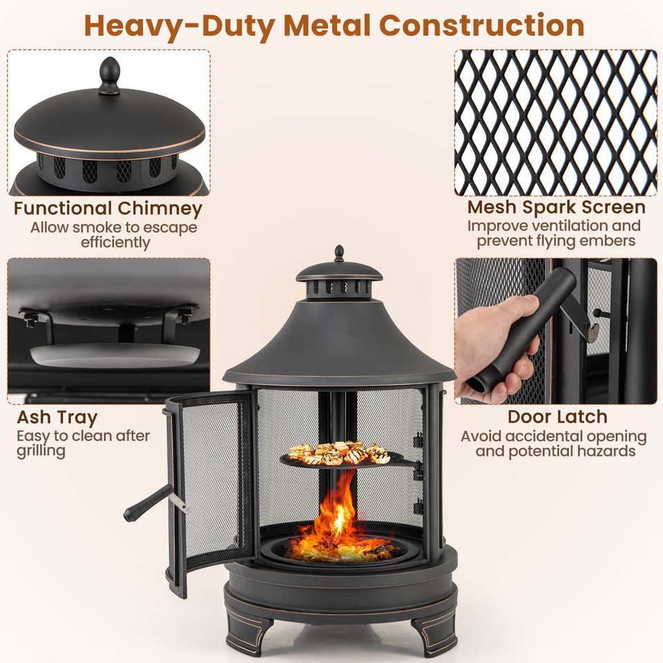 Outdoor 30 Inch Fire Pit Chiminea w/ Grill Chimney Spark Screen Door ...