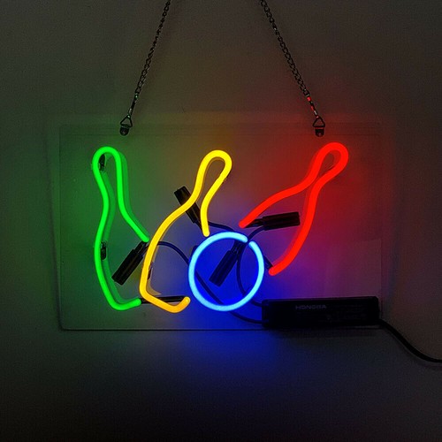 Bowling Pins Game Acrylic 14"x9" Neon Light Sign Lamp Club Real Glass ...