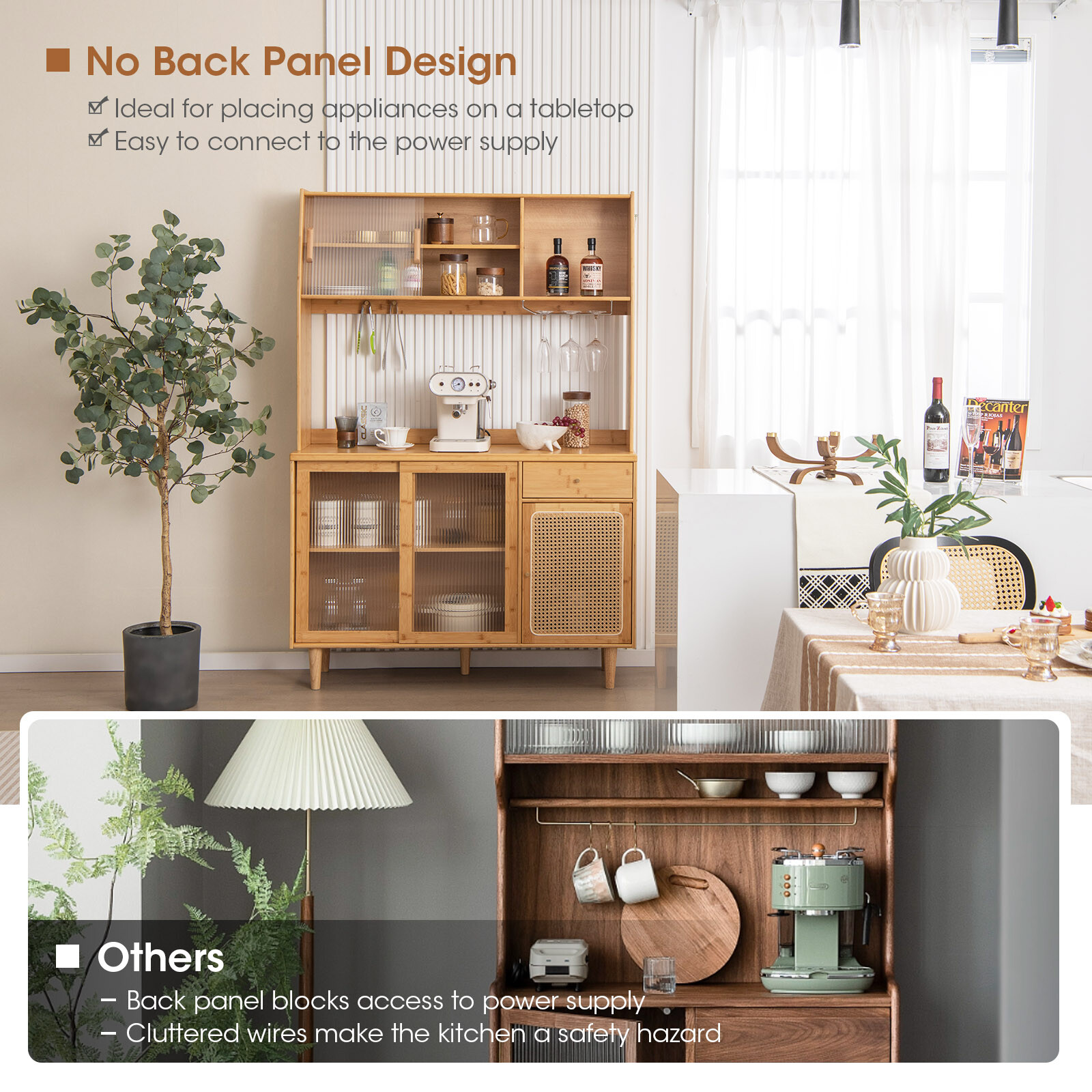 Bamboo Buffet Cabinet Wine Bar Pantry Cupboard Sideboard w/ Rattan ...