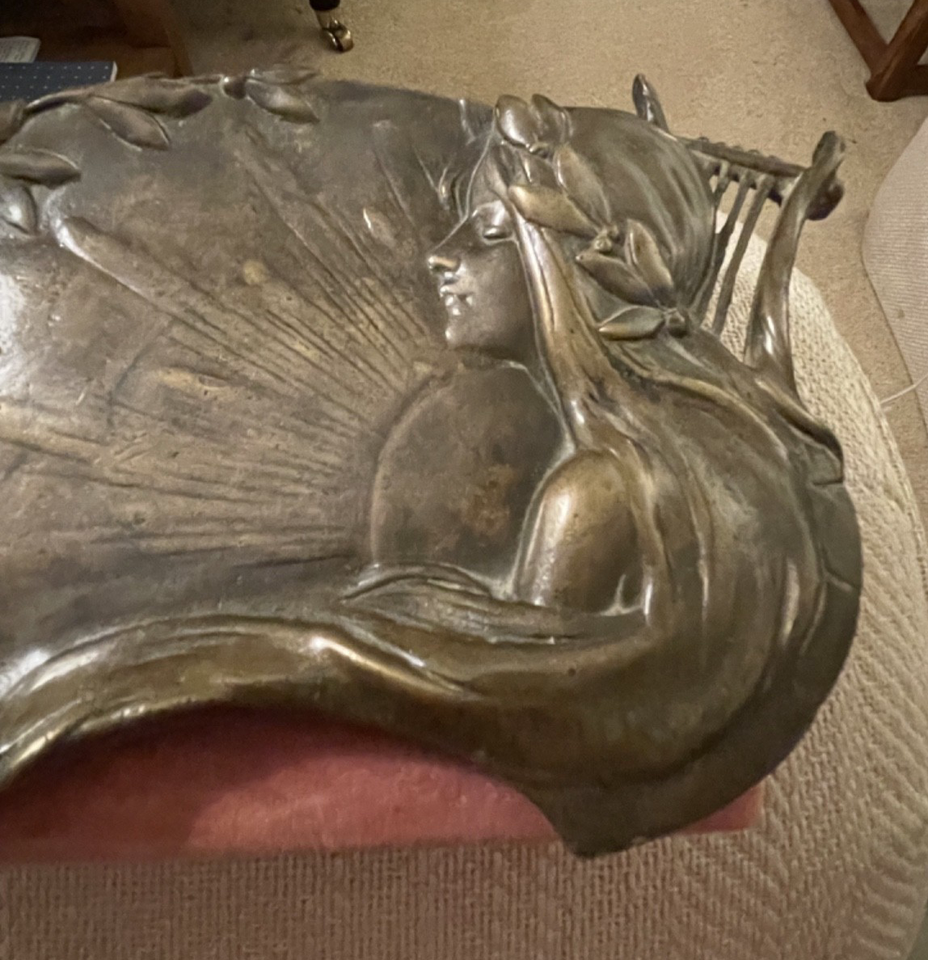 JOSEPH OFNER ART NOUVEAU BRONZE CALLING CARD TRINKET TRAY WITH MAIDEN ...