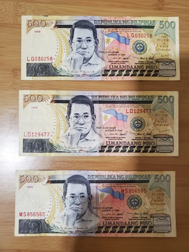 3 Piece 1999 Benigno Aquino Jr. 500 Peso Philippines Paper Money Ships ...