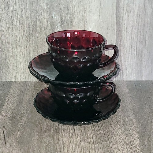Set of 2 Anchor Hocking Ruby Red Bubble Glass Coffee Tea Cups & Saucers ...