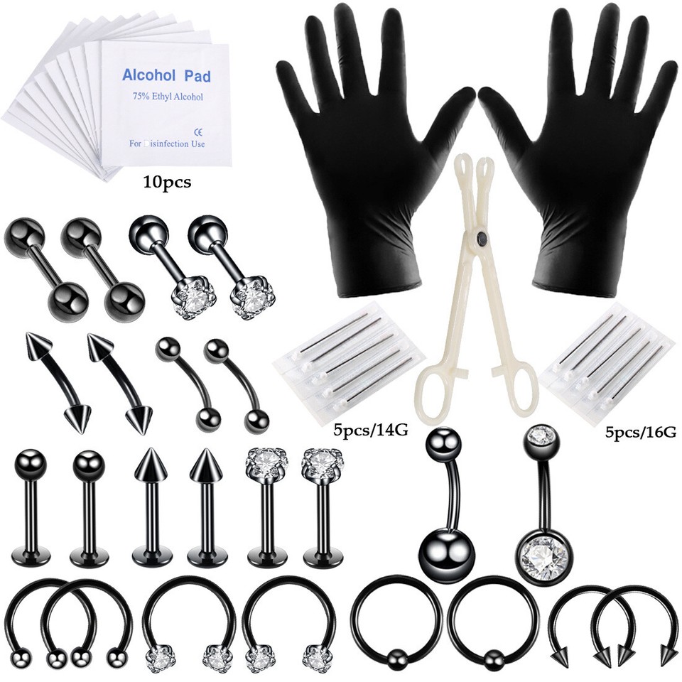 Professional Body Piercing Tool Kit Set Nose Rings Navel Ear Lip Studs ...