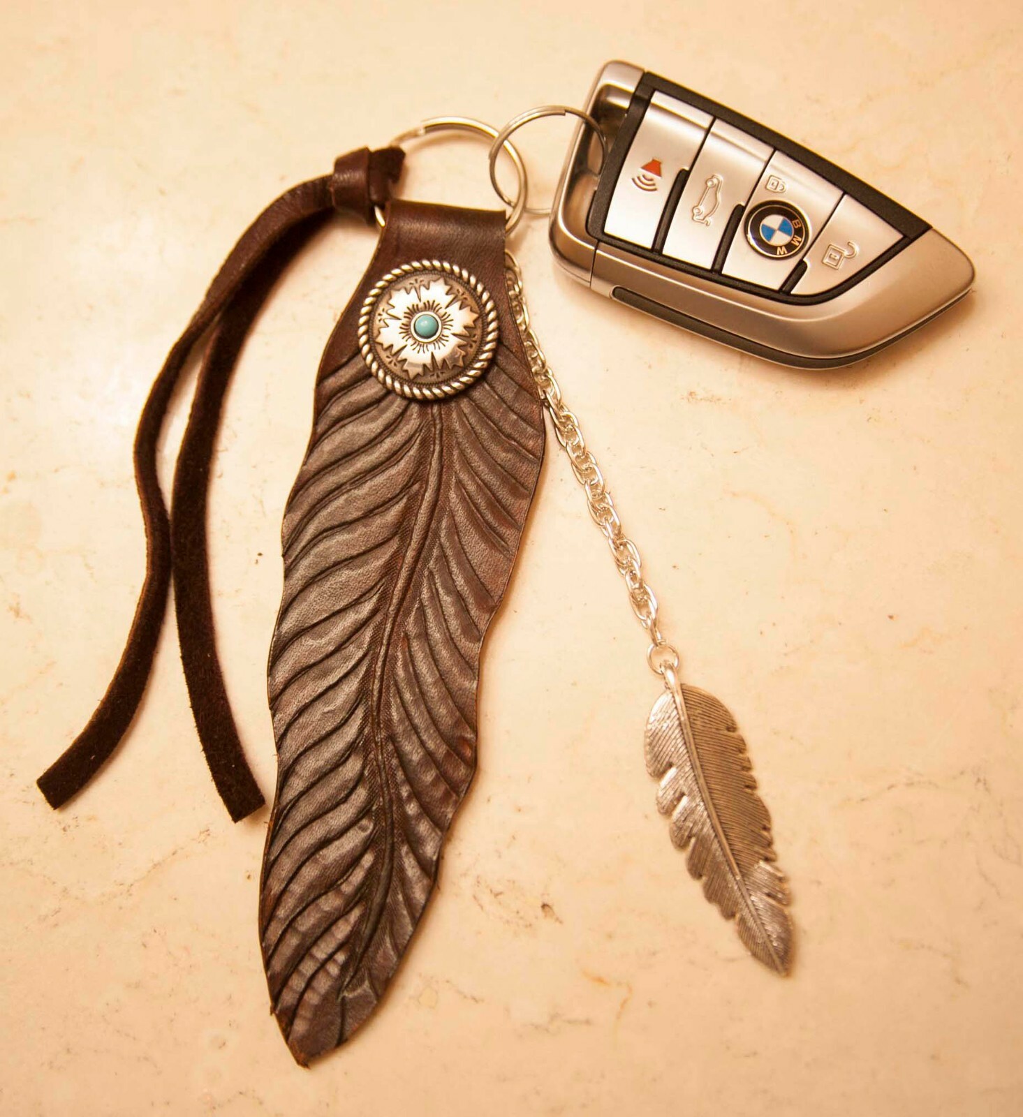 Eagle Feather Navajo Key Ring Southwestern Keyring Hand-Carved Leather ...