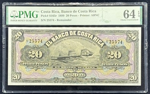Costa Rica 20 Peso 1899 Pick# S165r PMG: 64 EPQ UNC. PL2822 | eBay