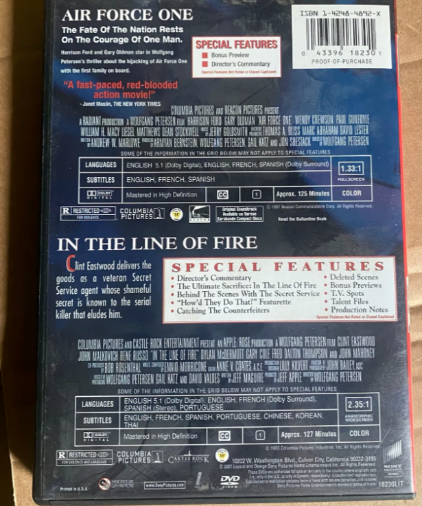 Air Force one and in the line of fire Dvd BOGO 30% off Check out all ...