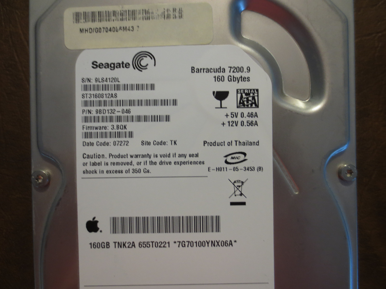 Seagate ST3160812AS 9BD132-046 FW:3.BQK TK Apple#655-1315E 160gb 3.5 ...