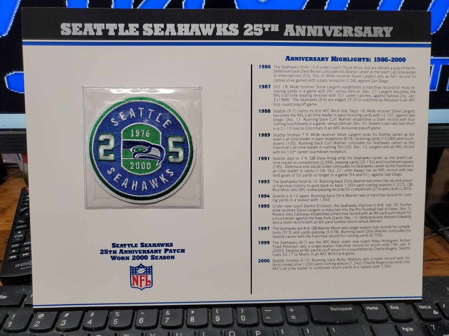 NFL Seattle Seahawks 25th Anniversary PATCH on CARD Willabee & Ward | eBay