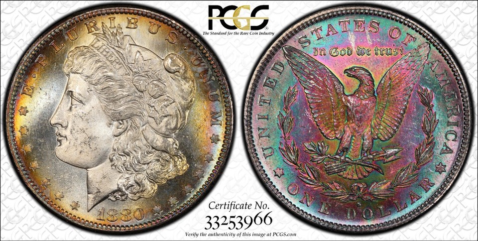 1880 S Morgan Silver Dollar PCGS MS65 CAC Rainbow Toned Monster Coin In ...