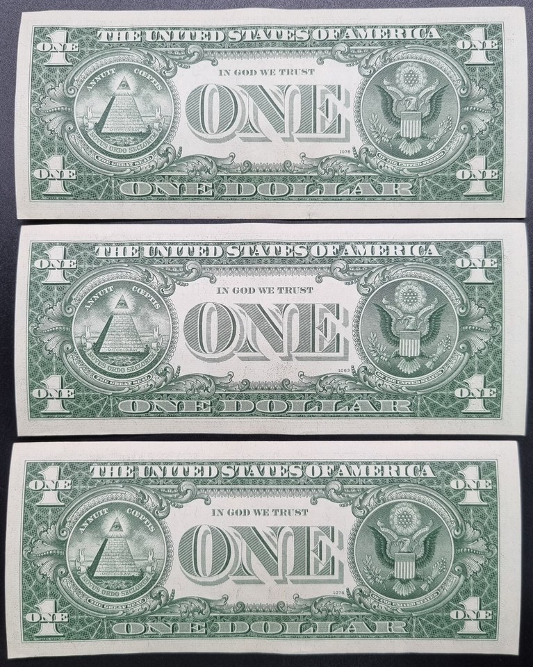 3 Consecutive 1963 B One Dollar Federal Reserve Notes $1 BARR Note AU ...