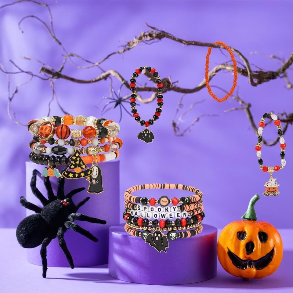 Halloween Bracelets for Women Boo Pumpkin Skull Ghosts Stretchy Beaded ...