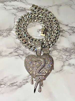 Men's Ice Out Miami Cuban Chain 14k W Gold Dripping Heart Iced Pendant ...