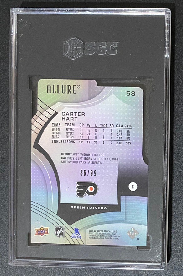 Carter Hart Rainbow 2021-22 Upper Deck Allure xx /99 SGC GEM 10 PHILA ...