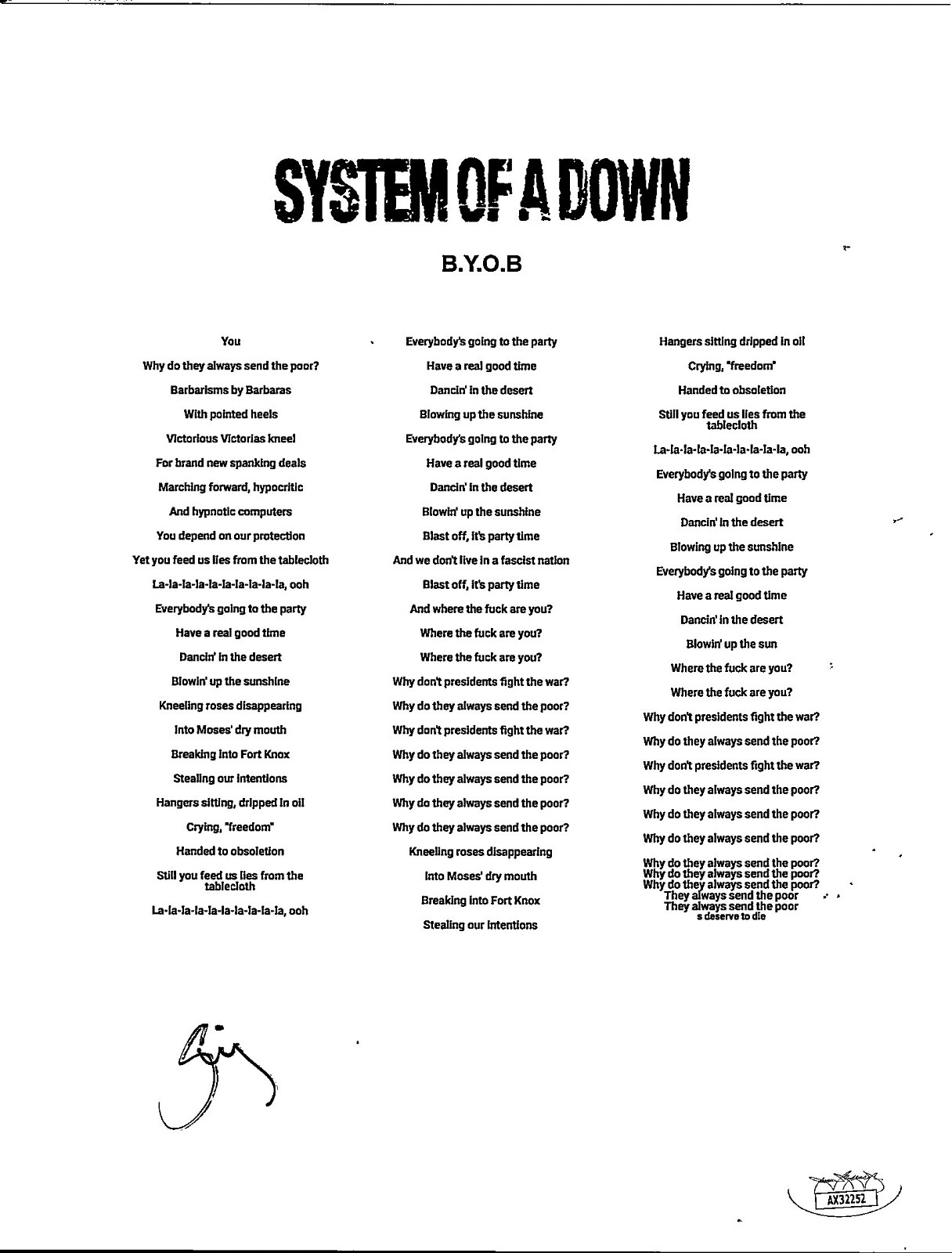 Serj Tankian System Of A Down Toxicity Signed B.Y.O.B Lyric Sheet PROOF ...