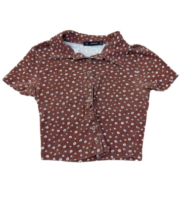 Womens Cute Collared Baby Tee Button Up Brown Floral Print Sz XS Short ...