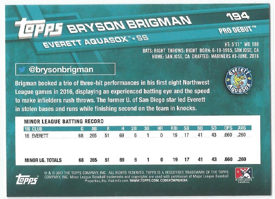 Bryson Brigman Seattle Mariners 2017 Topps Pro Debut | eBay