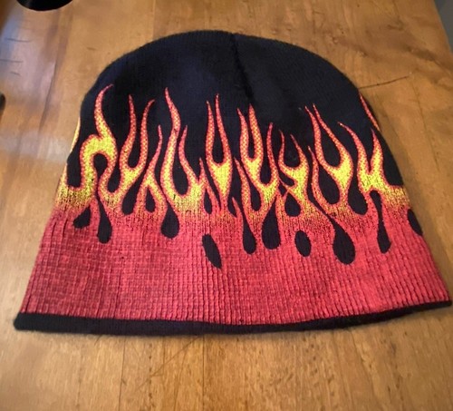 Men’s Hat Beanie Acrylic Black Orange Flames OS | eBay