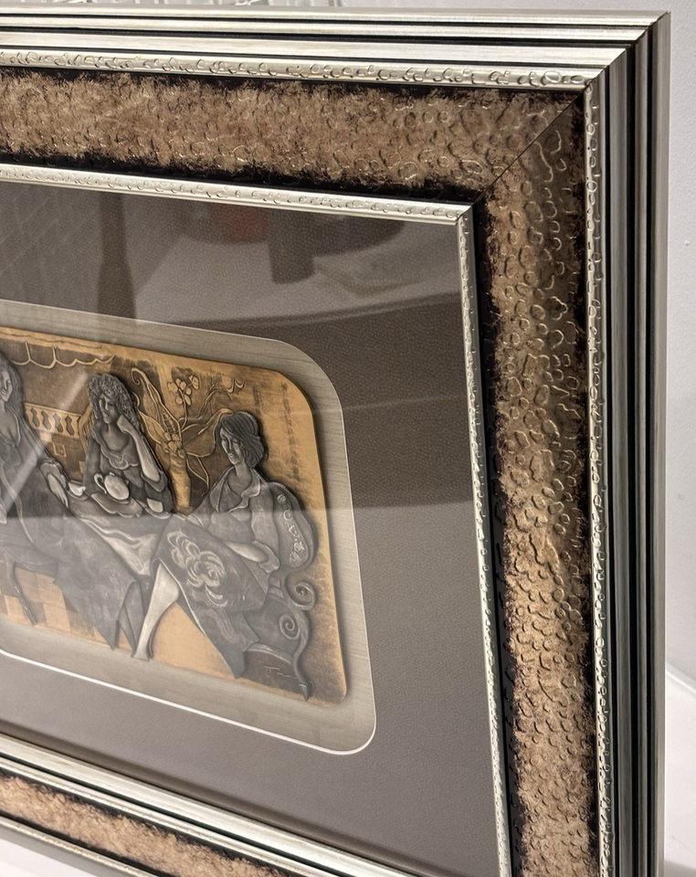 ITZCHAK TARKAY FRAMED PEWTER ON BRONZE "3 LADIES AT TEA", FINE ART ...