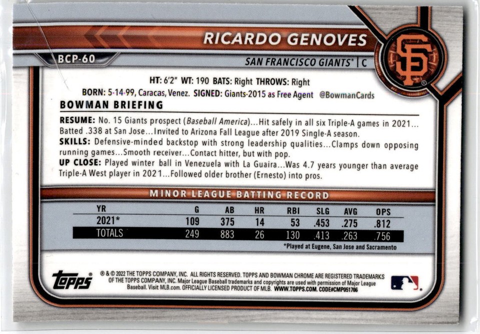 2022 Bowman Baseball Chrome Prospects Ricardo Genoves #BCP-60 FBC | eBay