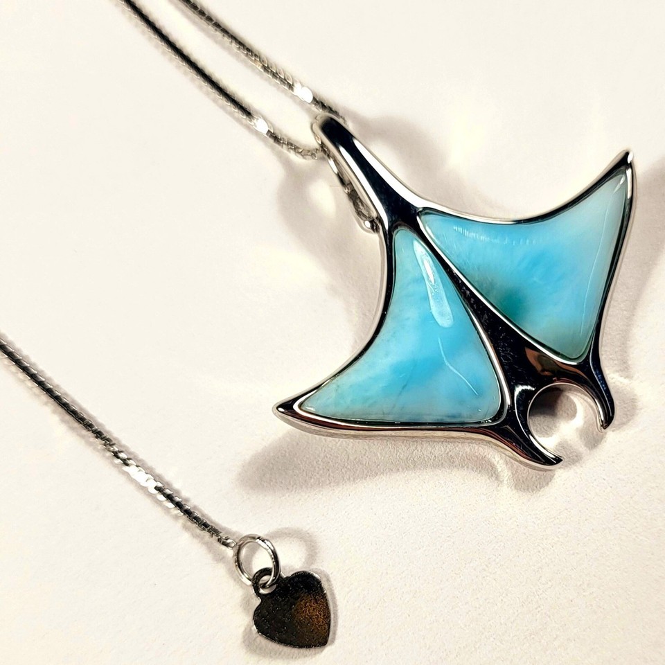 Larimar Manta Ray Pendant in Sterling Silver 925 + 18" Silver Necklace ...
